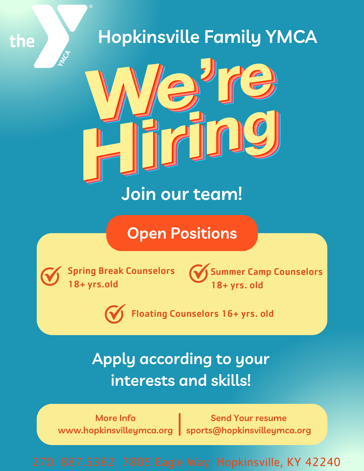 Now Hiring Counselors - Hopkinsville / Christian County YMCA